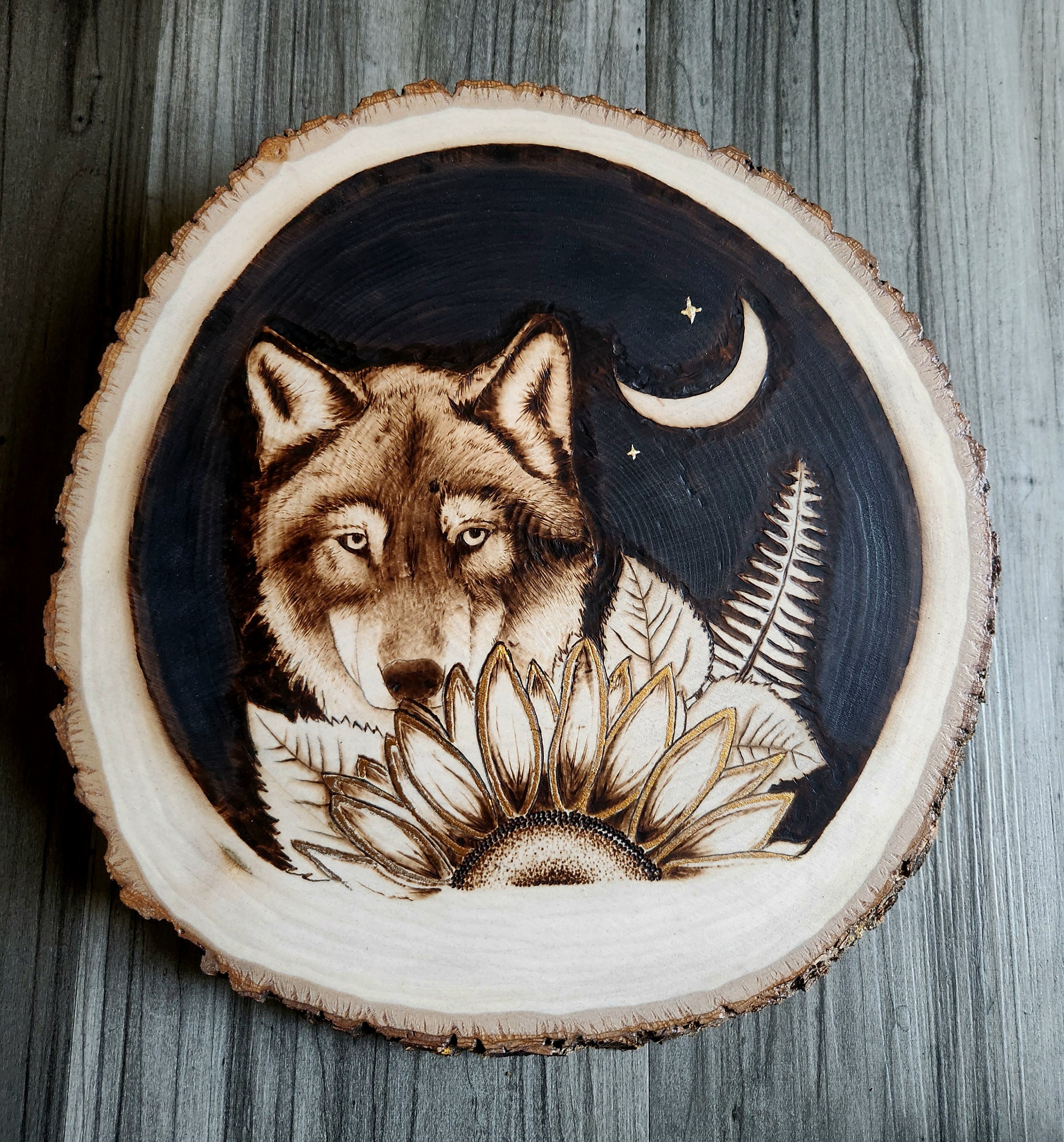 Wolf and Moon Wood Burning Sunflower Autumn Decor Pyrography - Etsy