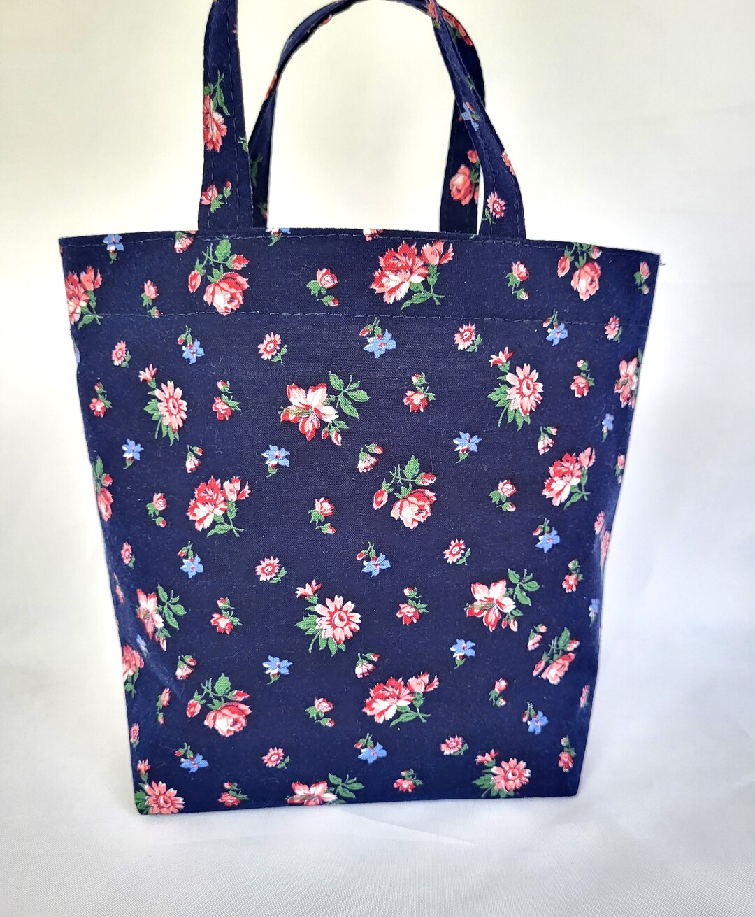 Small Cotton Fabric Gift Bag, Flowers on Blue, Handmade Tote With ...