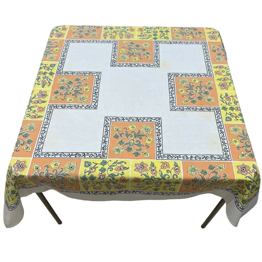 Vintage 1950's Tablecloth Graphic Print Mid-cent Floral Border 48 X 51 ...
