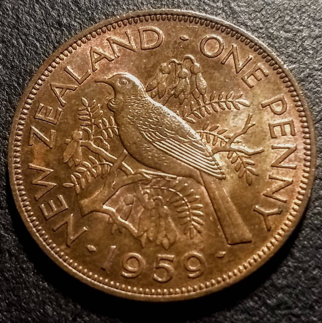 1959 New Zealand Higg Grade One Penny Coin Vintage Queen Elizabeth ...