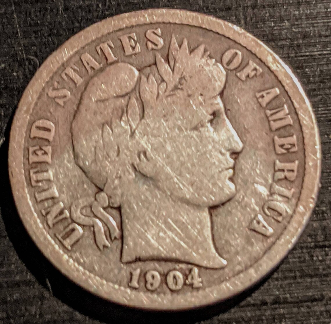 1904 Antique Solid Date Vintage Silver Barber Dime Ten Cent Piece ...