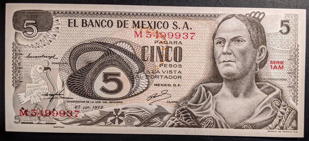 Vintage 1972 Antique Uncirculated Aztec El Banco De Mexico Cinco 5 Peso ...