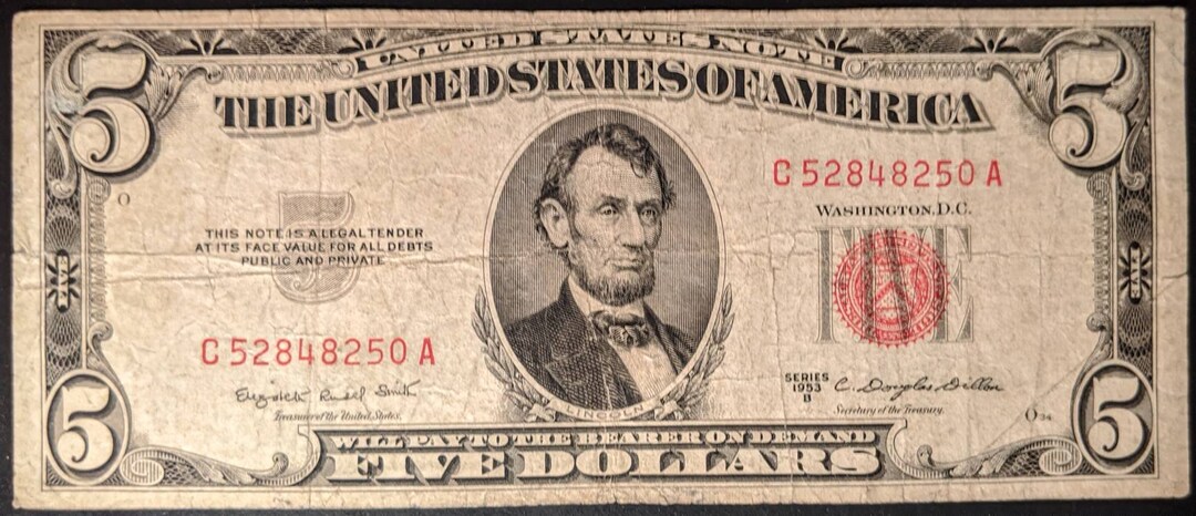 Vintage 1953B Nice Grade Five Dollar Bill Red Seal Note United States ...