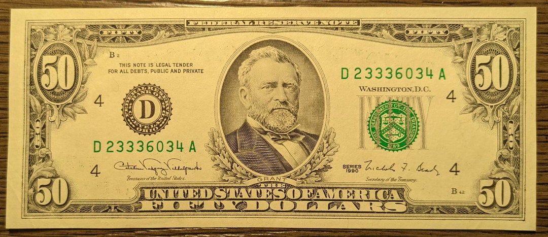 1990 Fifty Dollar Note Higher Grade Condition Green Seal United States ...