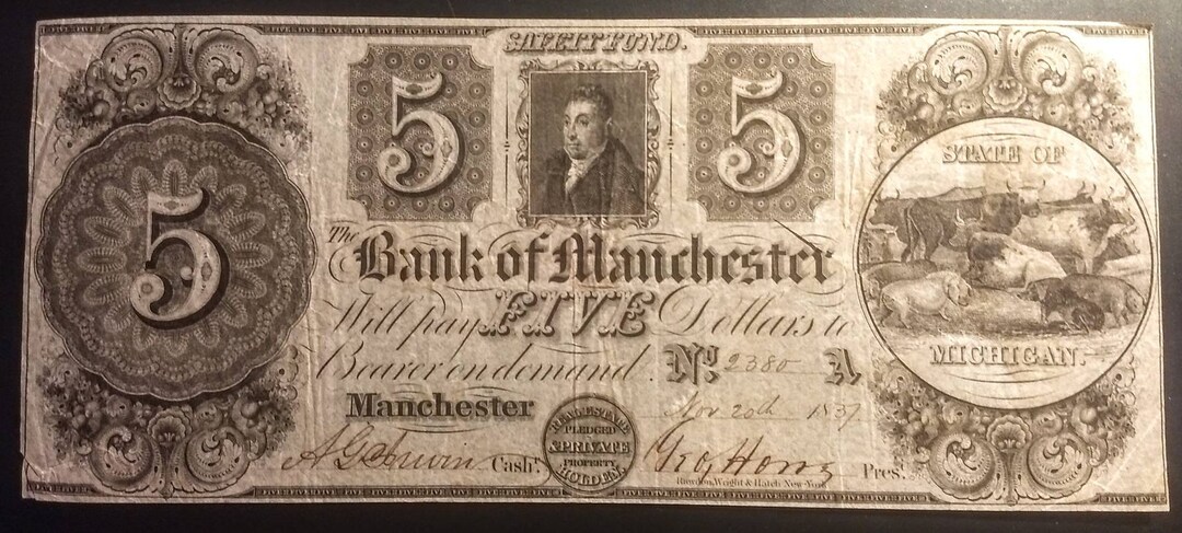 Higher Grade 1800s Bank of Manchester Five Dollar Large Obsolete Note U ...