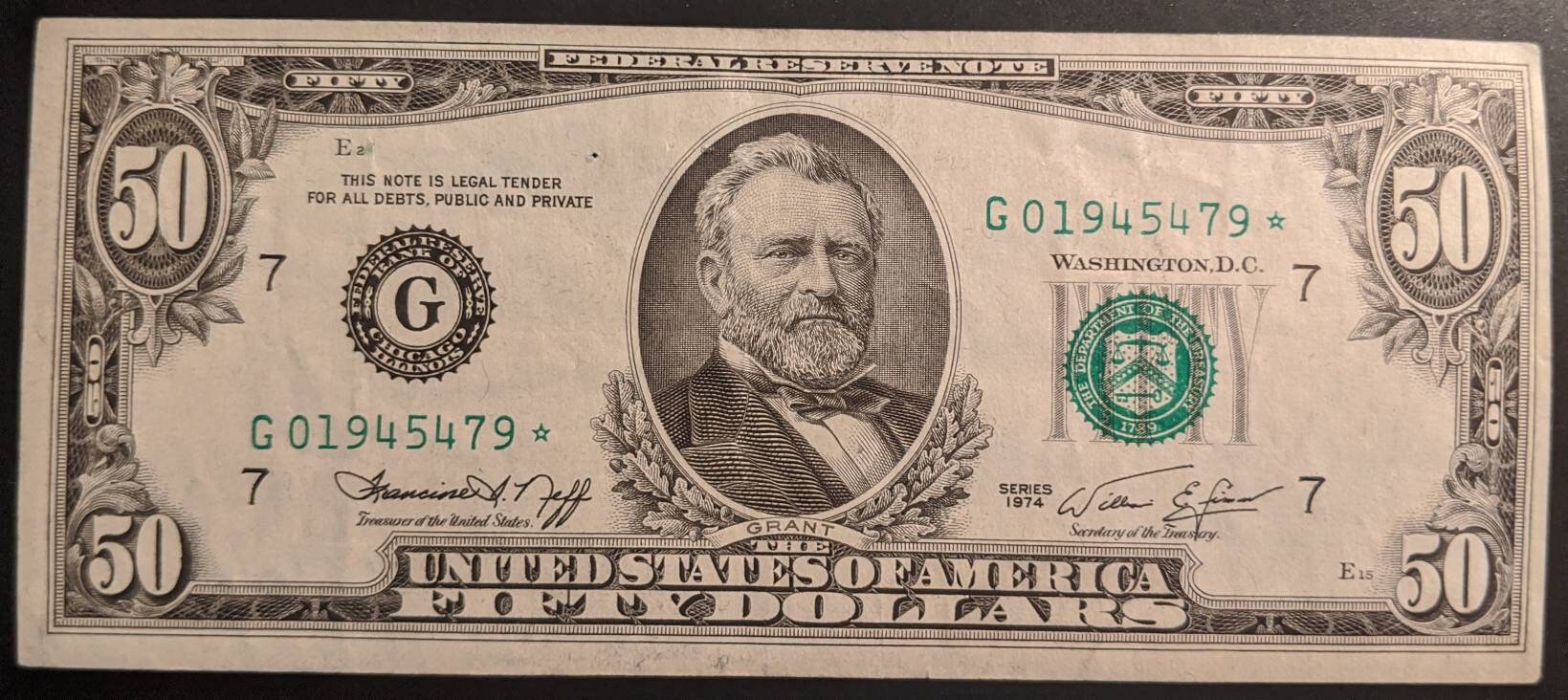 1974 Fifty Dollar Star * Note Chicago" Nota de nacimiento 1945 Número ...
