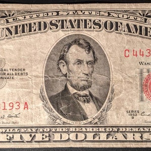 Vintage 1953B Nice Grade Five Dollar Bill Red Seal Note United States ...