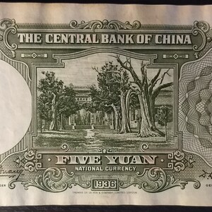 1936 the Central Bank of China 5 Five Yuan Vintage Circulated Banknote ...