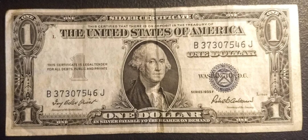 Vintage 1935F Circulated Grade Silver Certificate Star Note One Dollar ...
