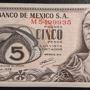 Vintage 1972 Antique Uncirculated Aztec El Banco De Mexico Cinco 5 Peso ...