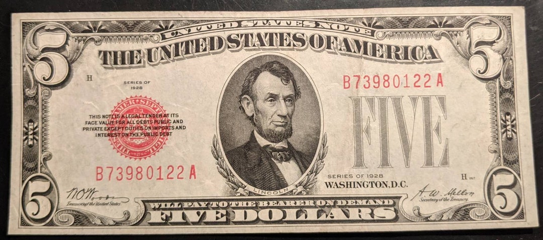 1928 Vintage Nice Circulated Solid Five Dollar Bill Roaring Twenties ...