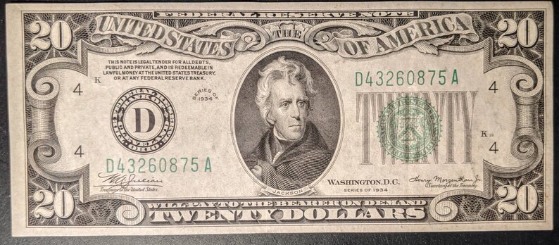 1934 Higher Grade Federal Reserve Cleveland Twenty Dollar Bill | Etsy