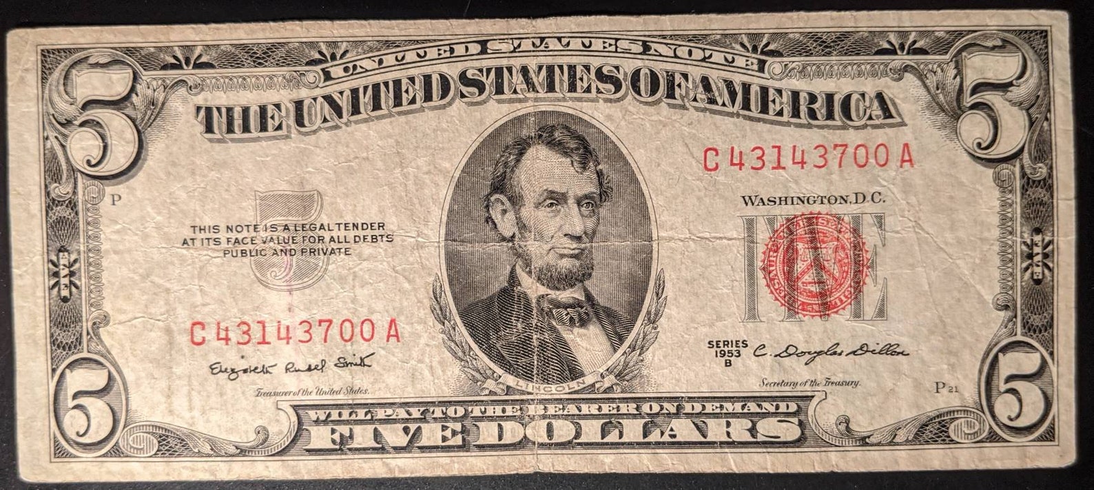 Vintage 1953B Nice Grade Five Dollar Bill Red Seal Note United States ...