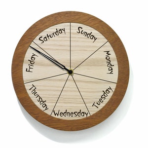 Wooden Round Clock Natural Wood Face - Week Days Clock - Laser Engraved ...