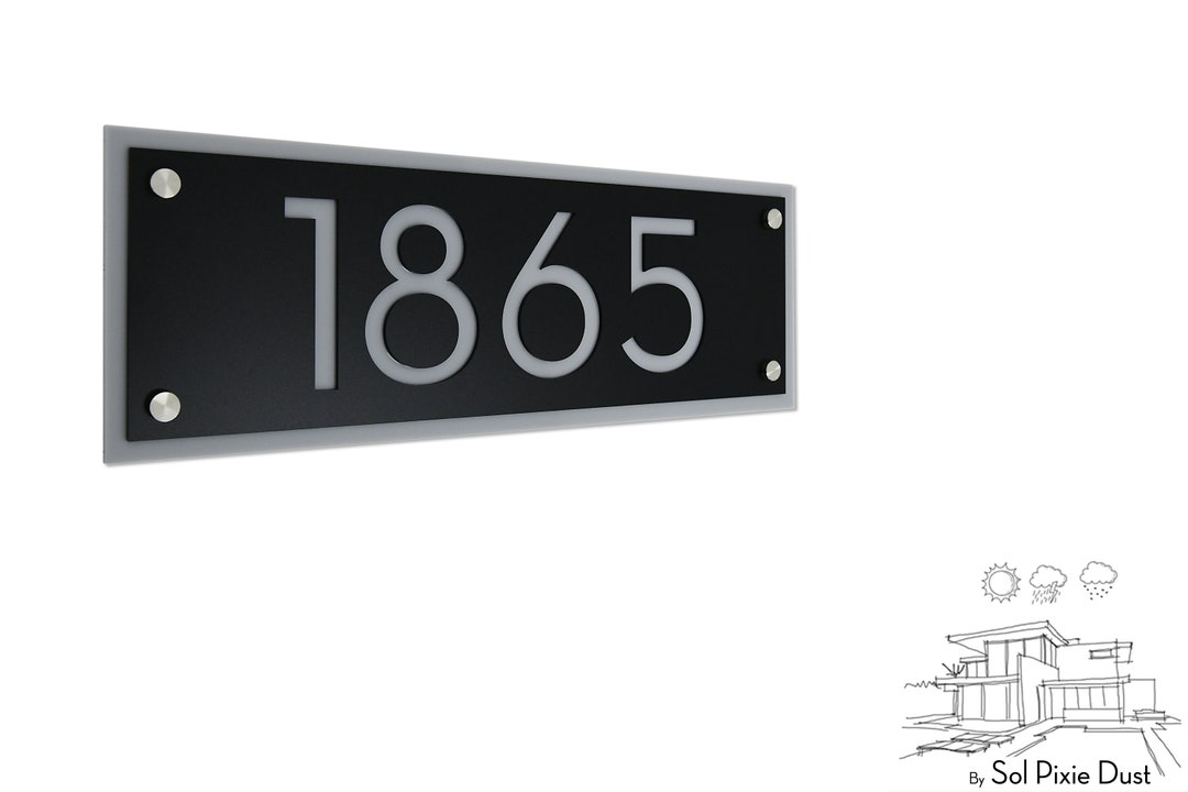 Modern House Numbers, Rectangular Framed Matte Black Acrylic With Gray ...