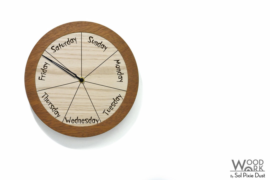 Wooden Round Clock Natural Wood Face - Week Days Clock - Laser Engraved ...