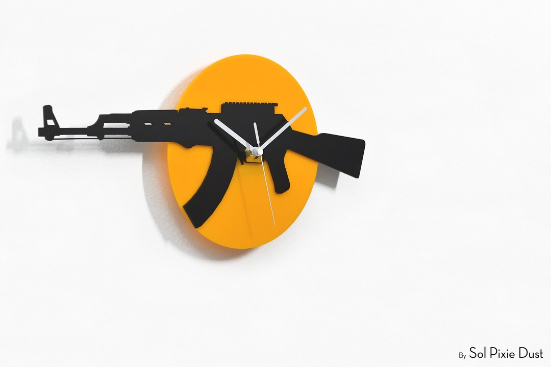 AK47 Rifle Silhouette Wall Clock Yellow & Black Silhouette Wall Deco ...