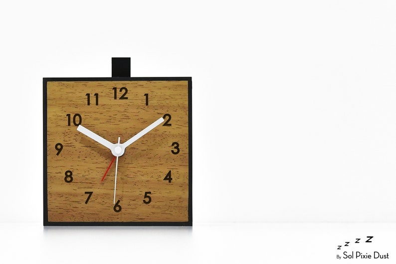 Modern Alarm Clock - Solid Wood Square - Analog Silent No Ticking Clock ...