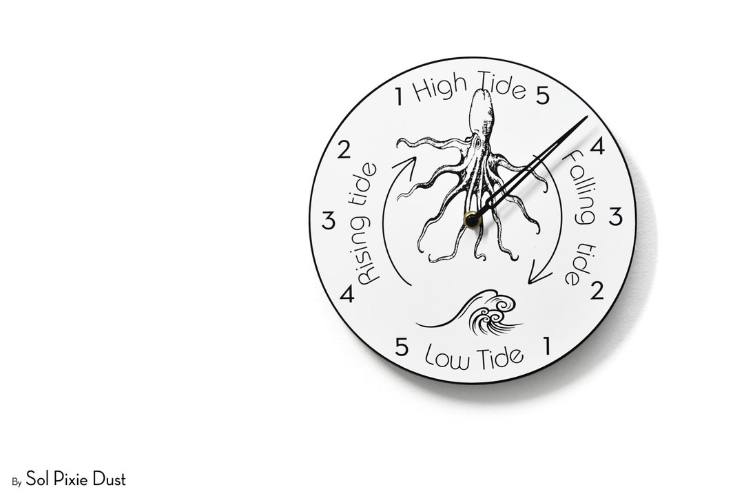 Tide Wall Clock - White Round Clock - Sea Tide Tracker - Octopus Ocean ...
