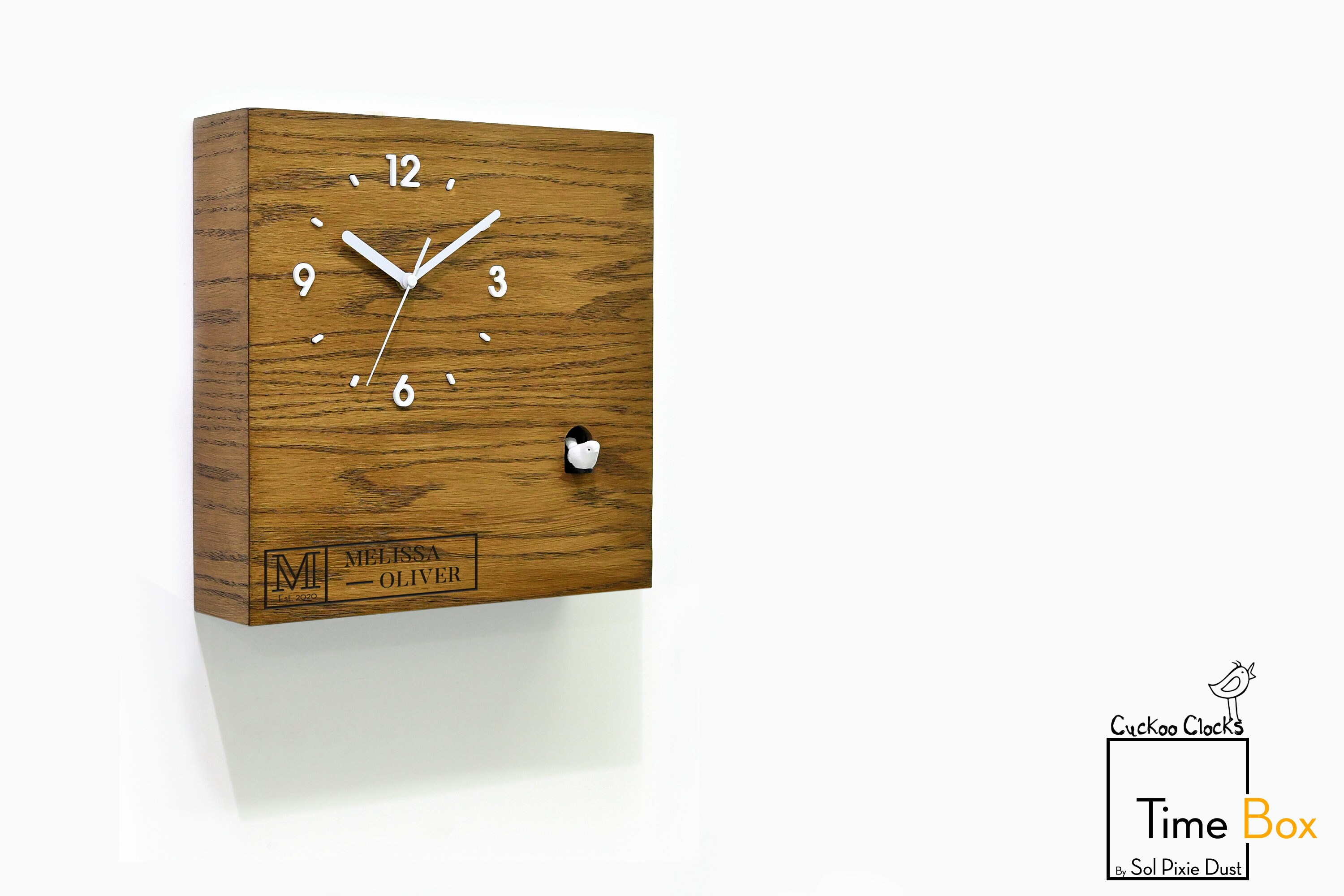 Modern Cuckoo Bird Time Box Clock - Dark Oak Wood Laser Engrave - Wall ...