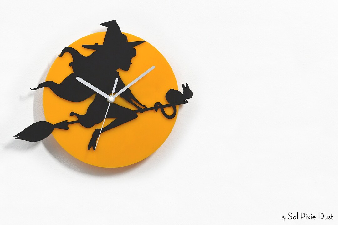 Cute Witch on Broom With Cat Silhouette Wall Clock - Yellow & Black ...