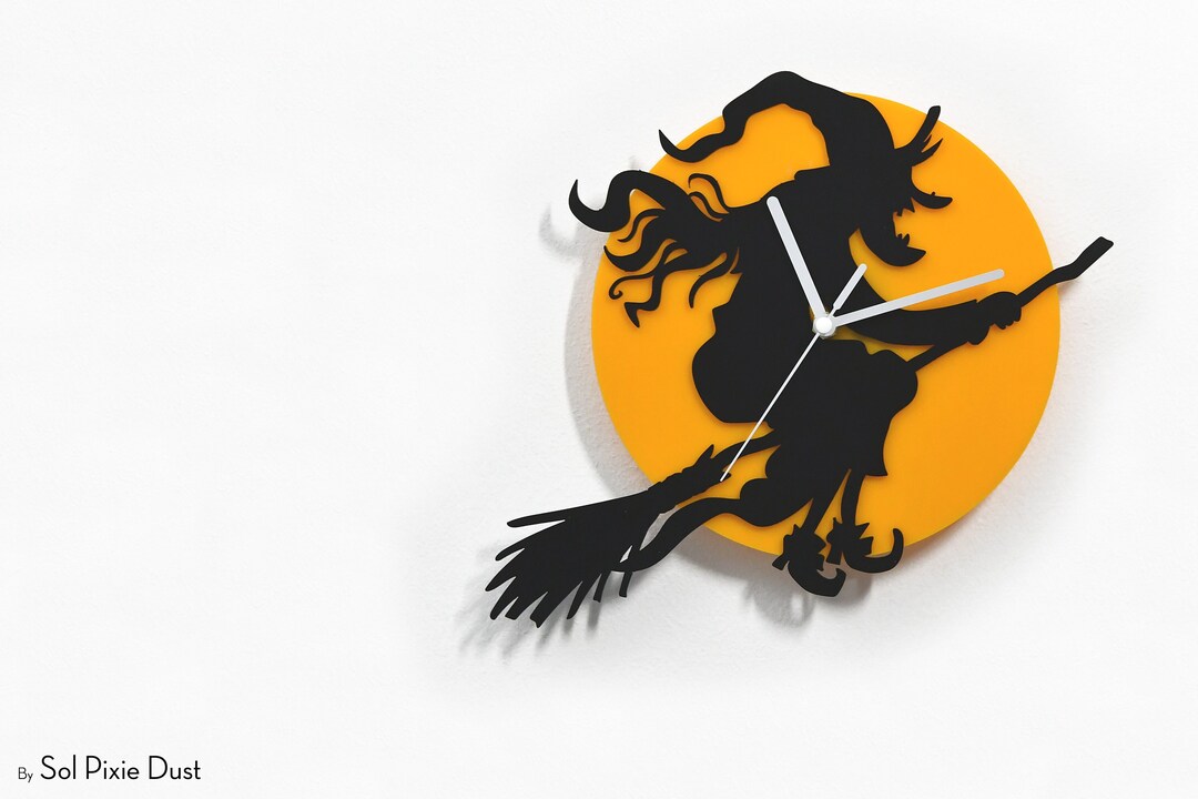 Witch on Broom Silhouette Wall Clock - Yellow & Black Silhouette - Cute ...