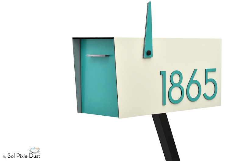 Contemporary Post Mounted Mailbox - Aluminum Ivory White Body and Ocean ...