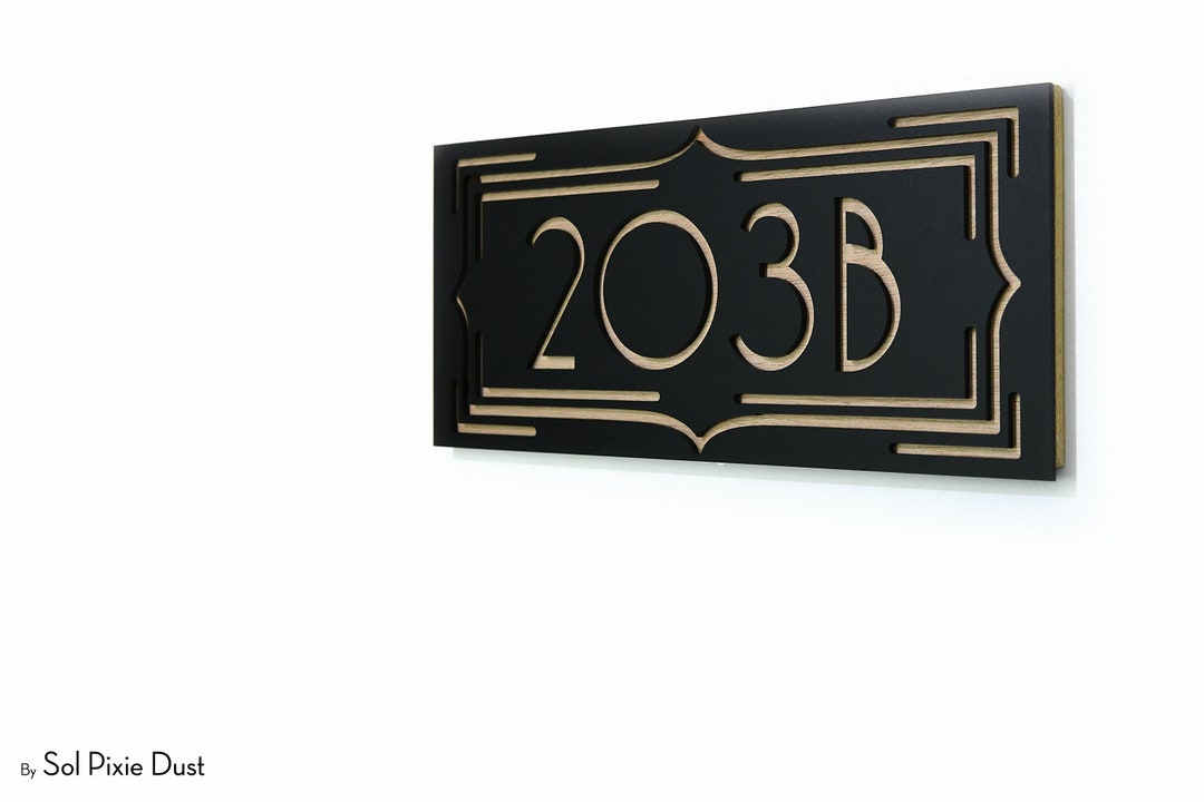 Modern House Numbers, Art Deco Black Acrylic With Natural Wood Backing ...