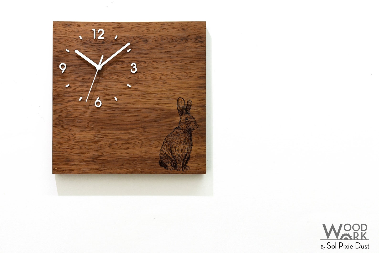 Solid Wood Wall Clock - Hare - Wood Laser Engraved - Massive Wood Iroko ...