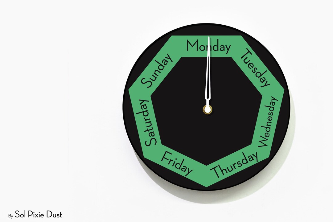 Day of the Week Clock - Round Black & Teal Wall Clock - Week Days Clock ...