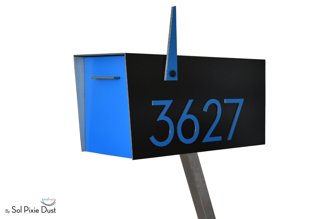 Contemporary Post Mount Mailbox / Aluminum Black Body and Blue Door and ...