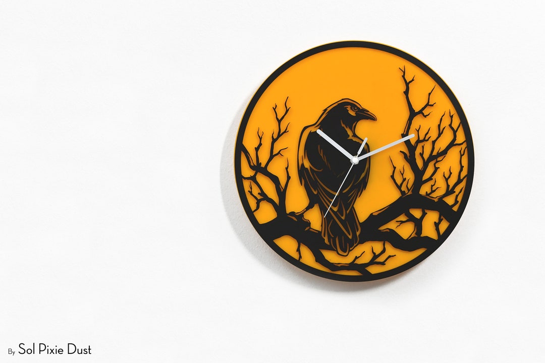 Crow Silhouette Wall Clock Yellow & Black Silhouette Raven Decor Bird ...