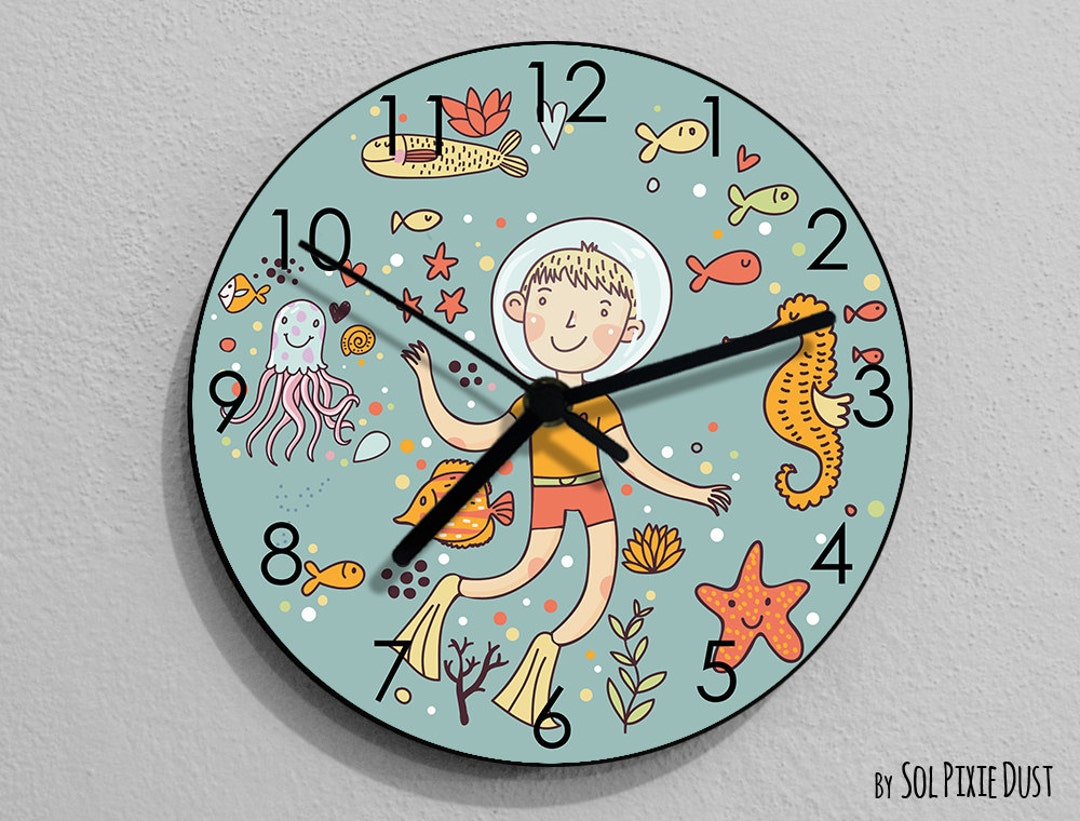 Boy Scuba Diving Wall Clock - Sea Life - Kids Nursery Room, Teens Room ...