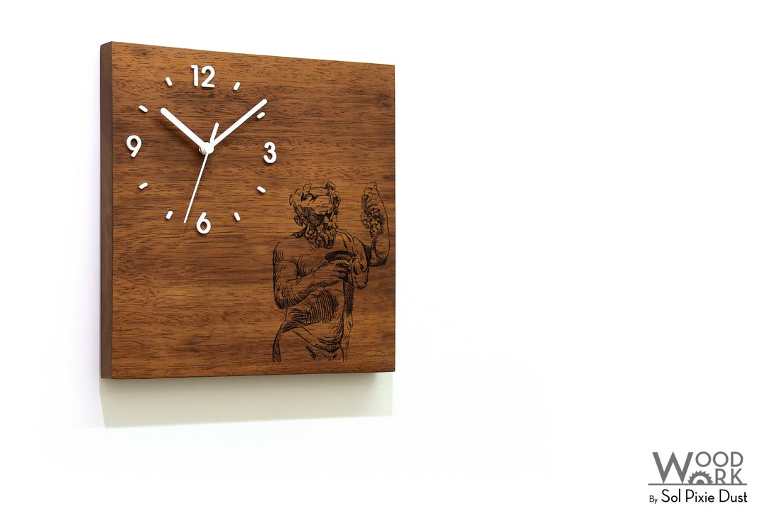 Solid Wood Wall Clock Zeus Wood Laser Engraved Massive Wood Iroko ...