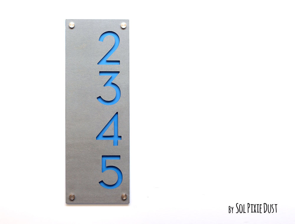 Modern House Numbers Concrete with Blue Acrylic Vertical | Etsy