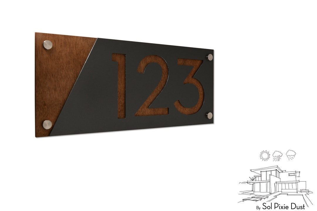 Modern House Numbers, Rectangle Metallic Gray Aluminum With Dark Oak ...