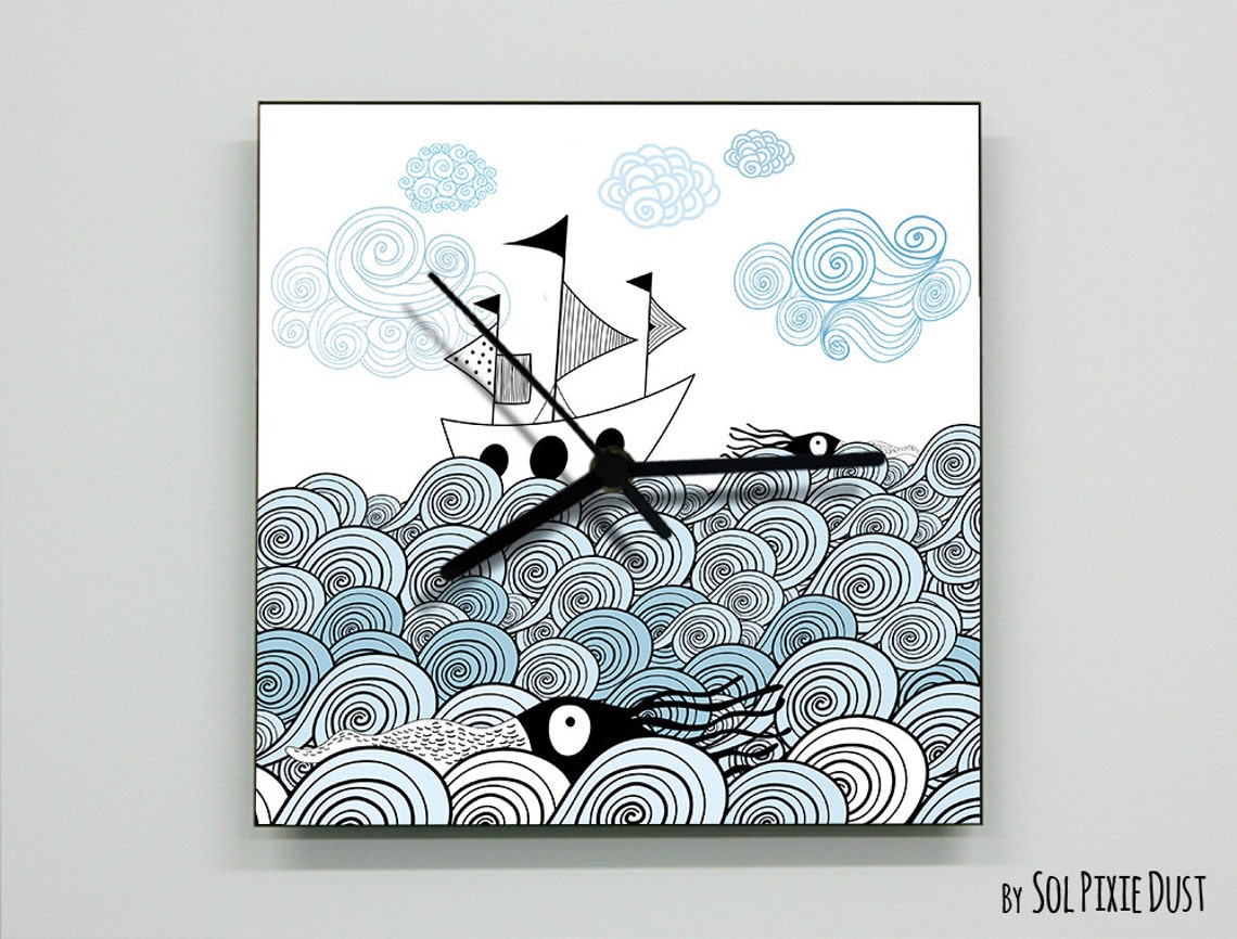 Hand Draw Ship Wall Clock Sea Life Kids Nursery Room - Etsy