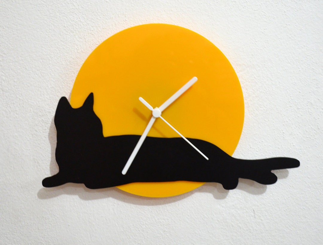 Cat Lying - Black & Yellow Silhouette - Wall Clock - Etsy
