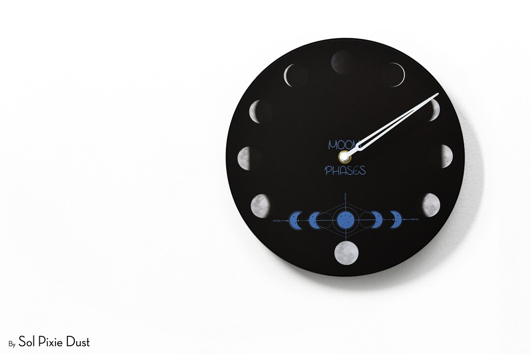 Moon Phase Wall Clock - Lunar Cycle - Round Black - Moon Phase Tracker ...