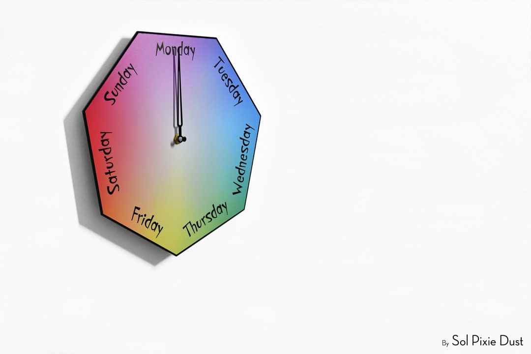 Day of the Week Clock - Heptagon Rainbow Wall Clock - Week Clock - Fun ...
