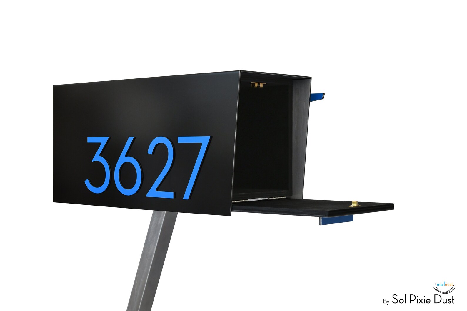 Contemporary Post Mount Mailbox / Aluminum Black Body and Blue Door and ...