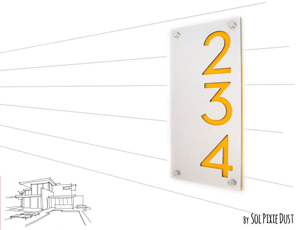 Modern House Numbers, Alucobond With Yellow Acrylic - Vertical ...