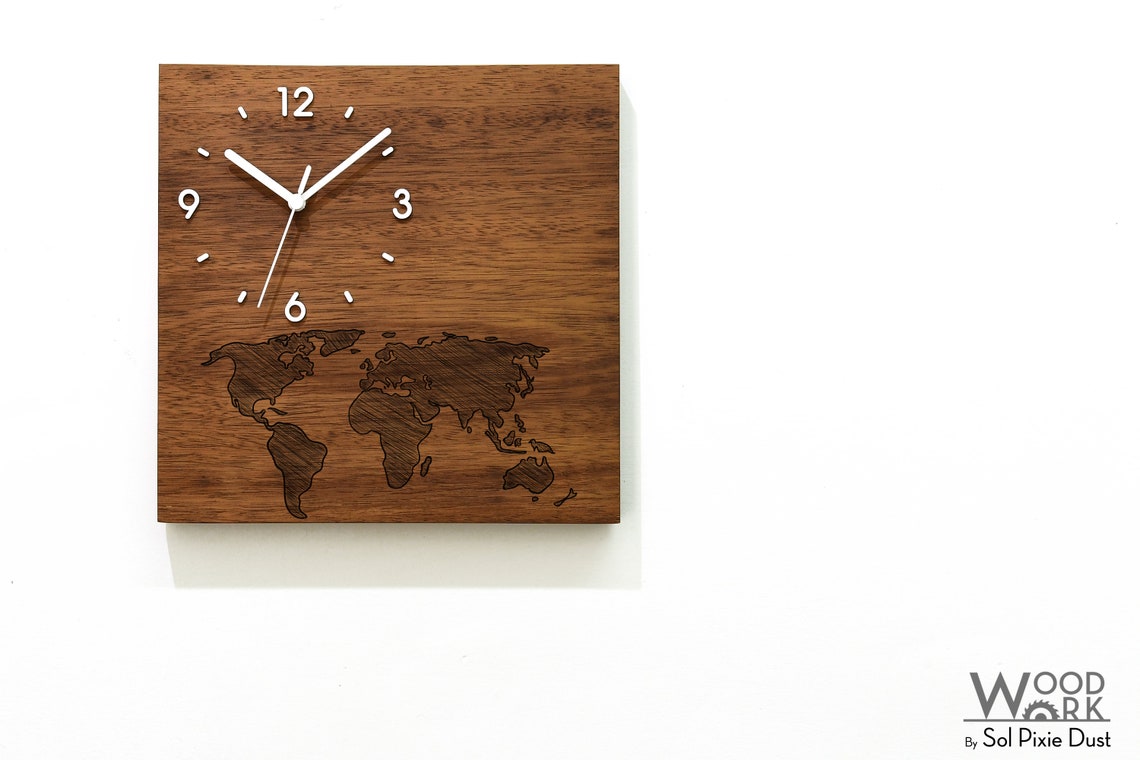 Solid Wood Wall Clock - World Map - Wood Laser Engraved - Massive Wood ...