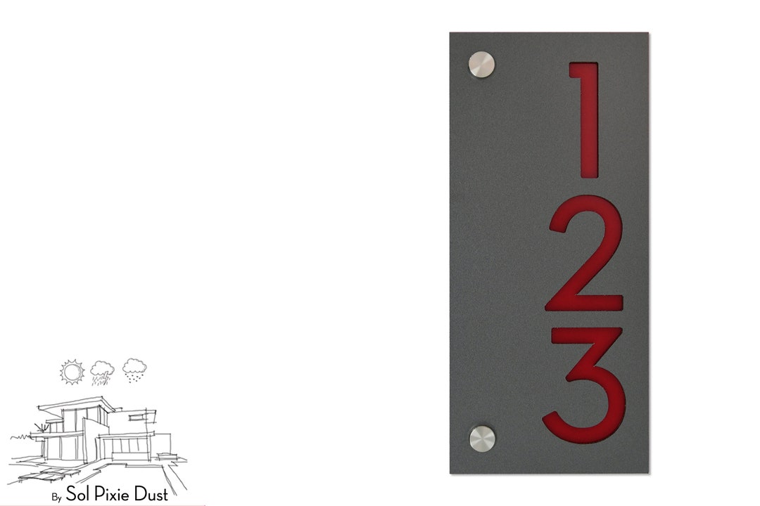 Modern House Numbers, Small Vertical Metallic Gray Aluminum With Red ...