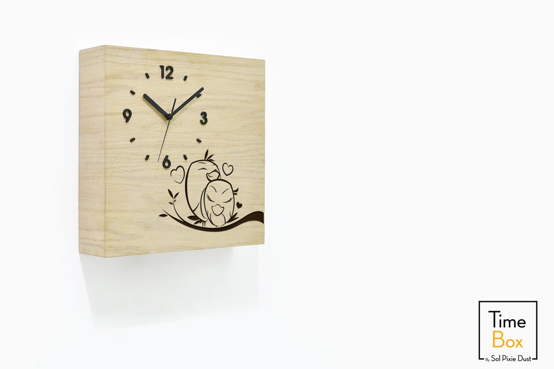 Wooden Time Box Clock - Natural Wood - Love Birds - Wall Mount Pendulum ...