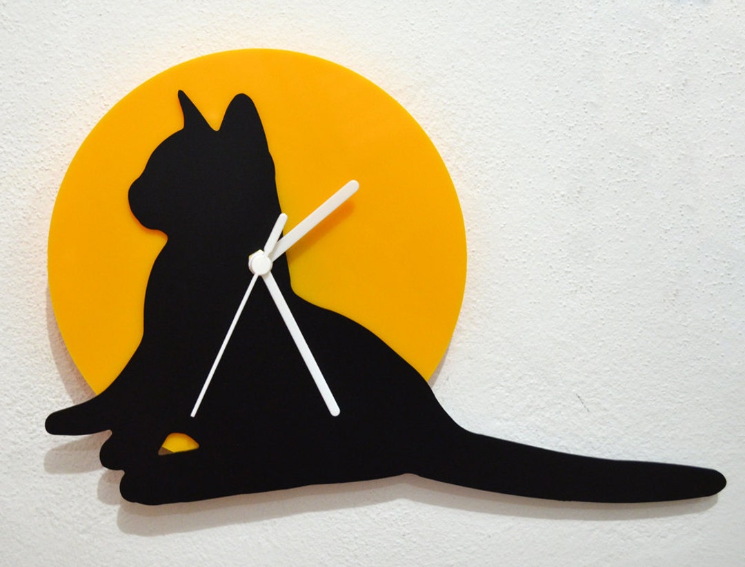 Cat Looking - Black & Yellow Silhouette - Wall Clock - Etsy