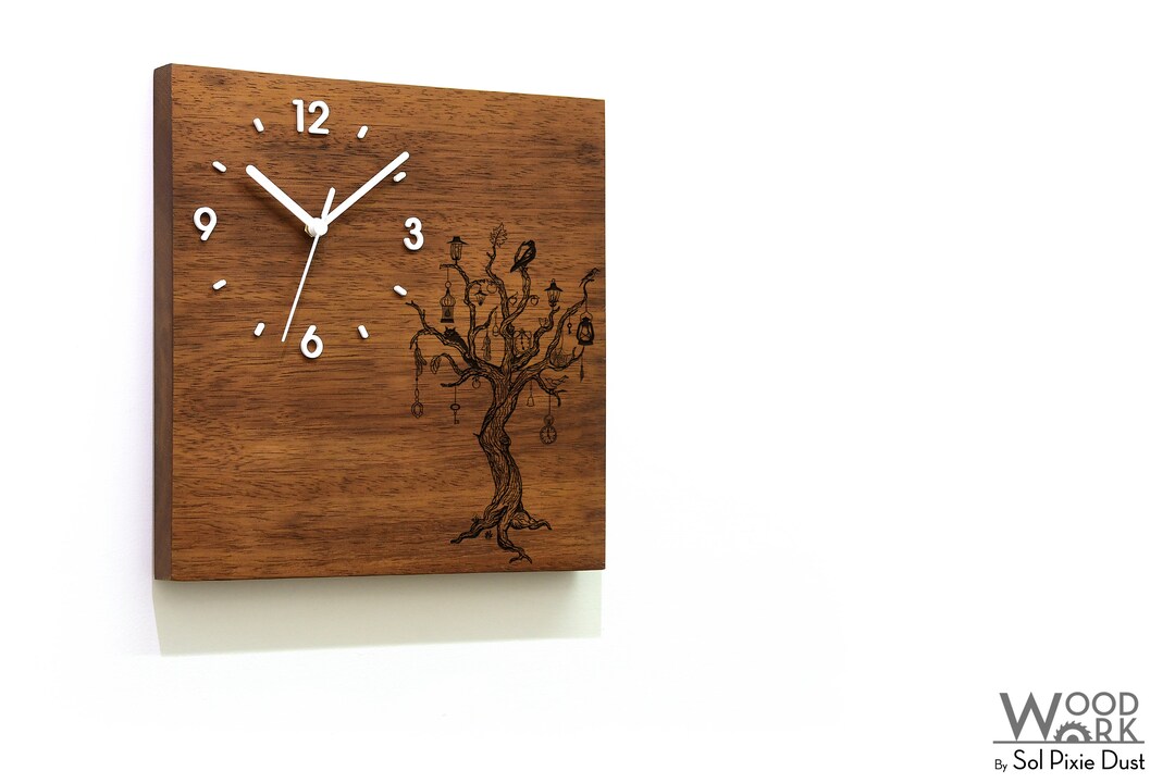 Solid Wood Wall Clock Magic Tree Wood Laser Engraved - Etsy