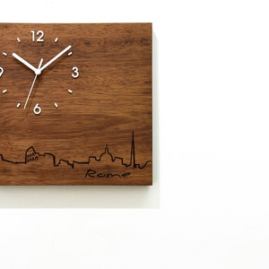 Solid Wood Wall Clock - Rome Italy Skyline - Wood Laser Engraved ...