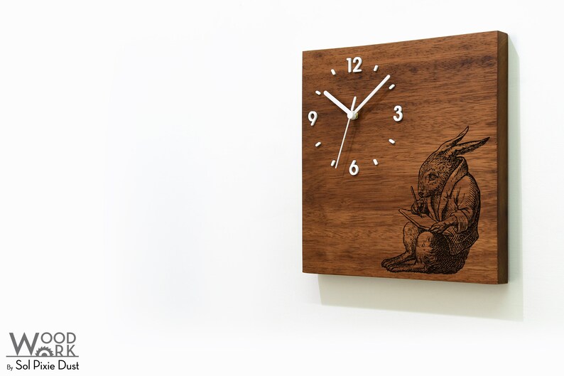 Solid Wood Wall Clock - Alice White Rabbit - Wood Laser Engraved ...