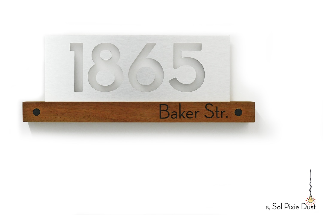 Modern House Numbers - LED Light 5V or 12V - Iroko Wood & Brush Silver ...